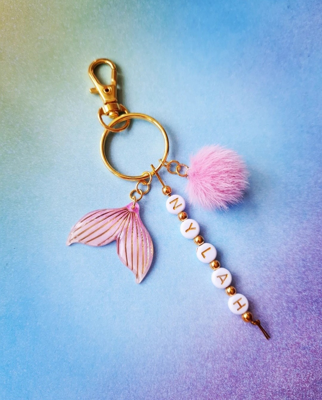 Personalised Mermaid Tail Keyring // Pom Pom Keychain // Letter Bead ...
