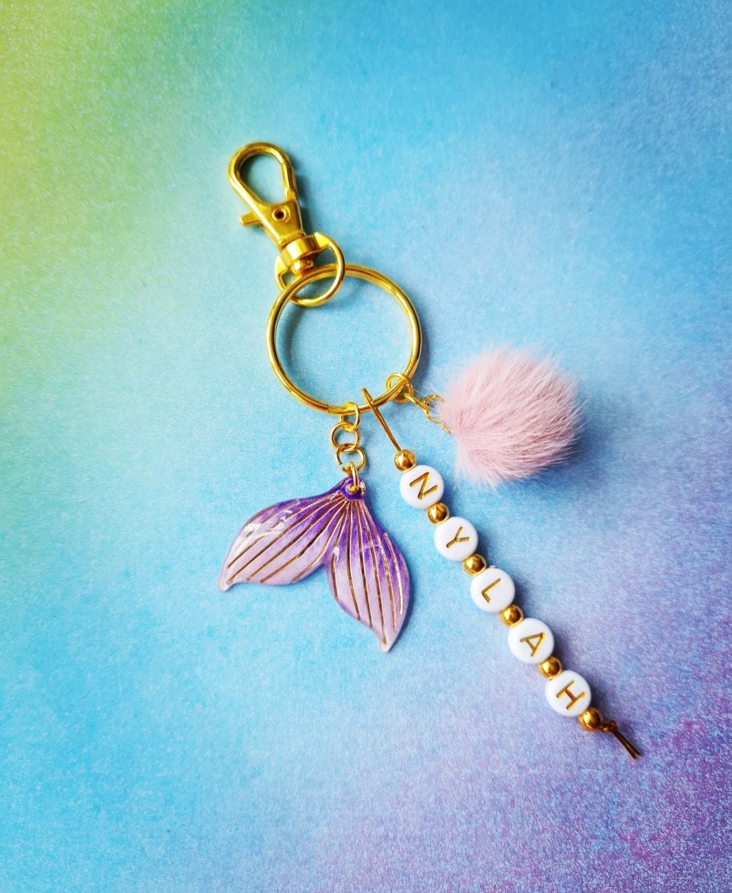 Personalised Mermaid Tail Keyring // Pom Pom Keychain // Letter Bead ...