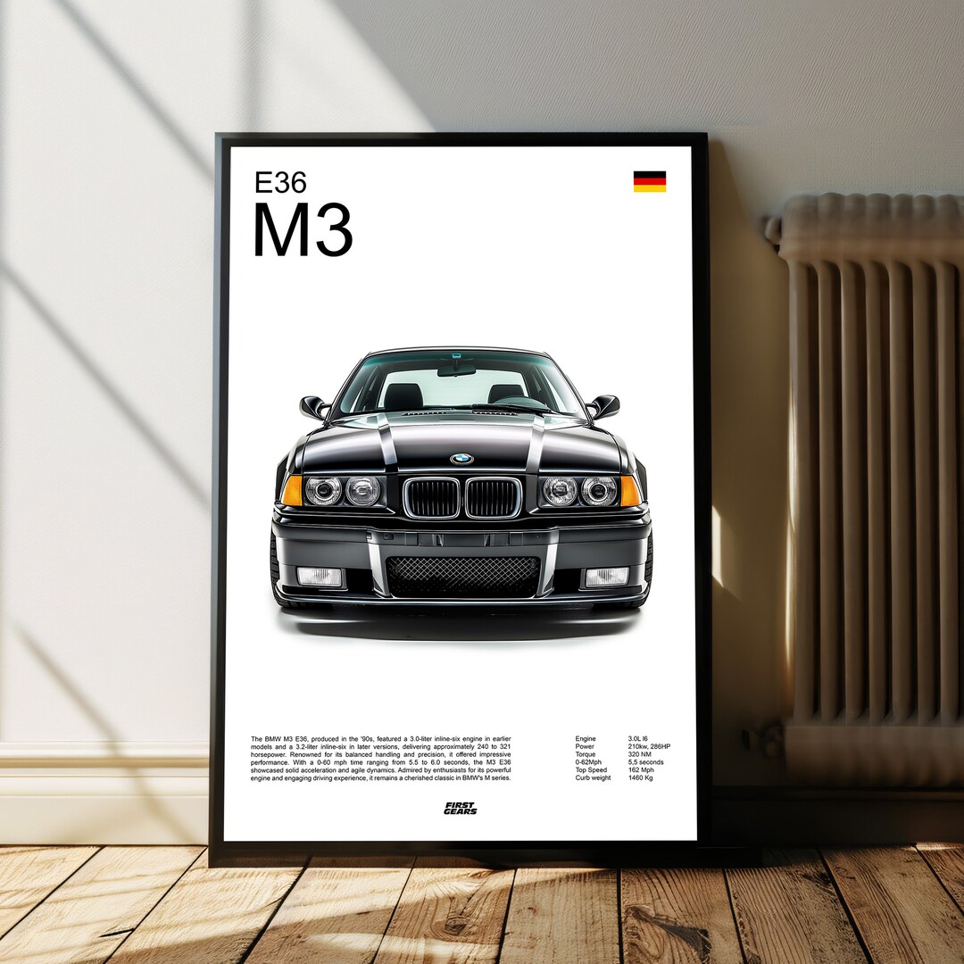 BMW M3 E36 Poster, German Supercar Wall Art Print, Luxury Car Wall Art ...