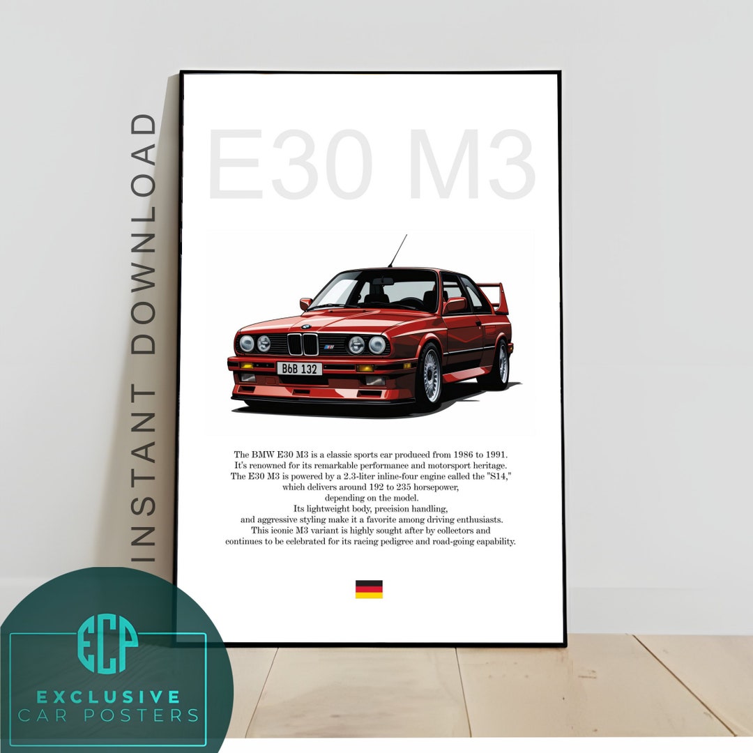 BMW E30 M3 Poster M3 E30 Wall Art BMW Fan Garage or BMW M Sport ...