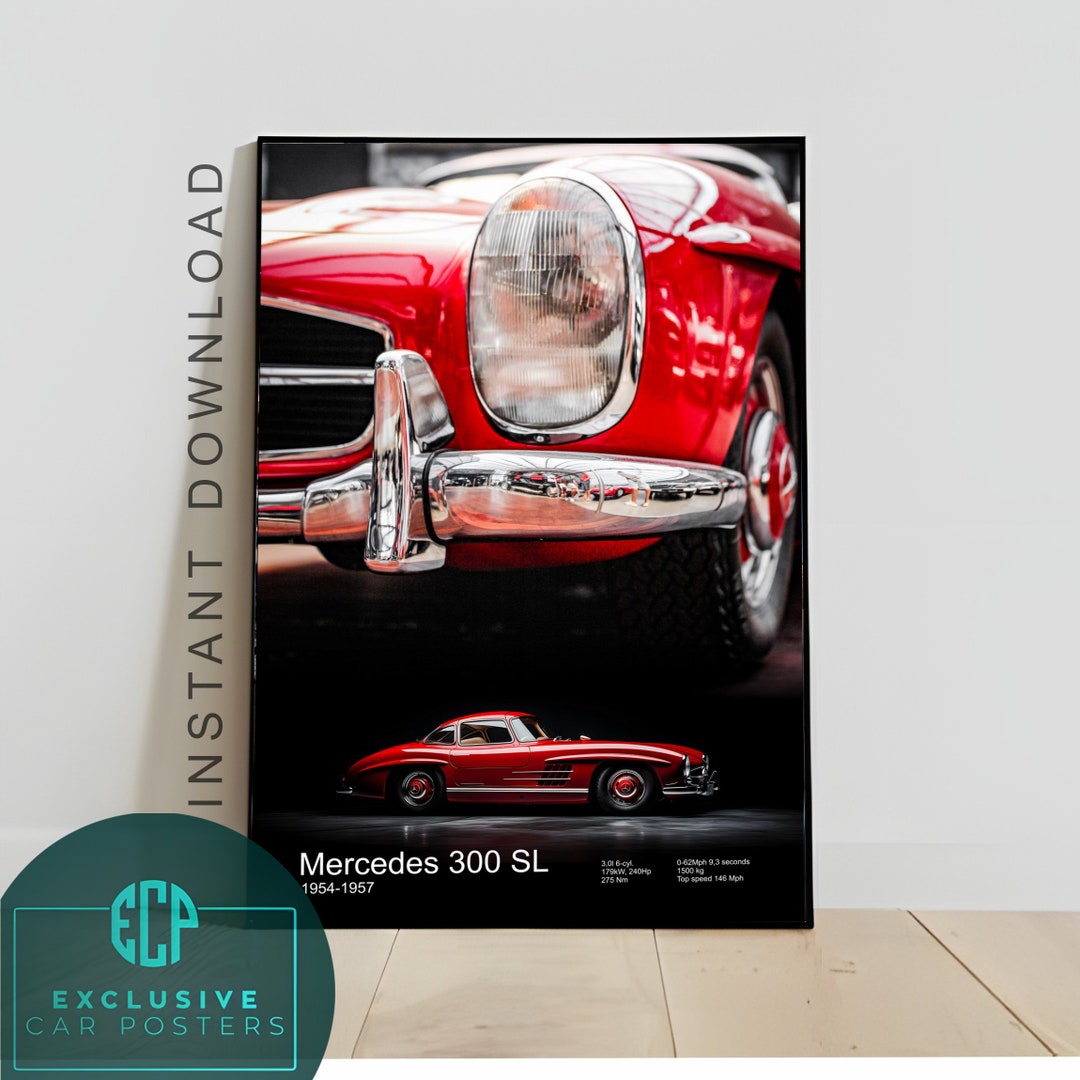 Oldtimer Poster mercedes 300 sl print vintage car poster mercedes 300sl ...