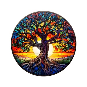 Stained Tree of Life Tempered Glass Round Painting Art Work | Stained ...