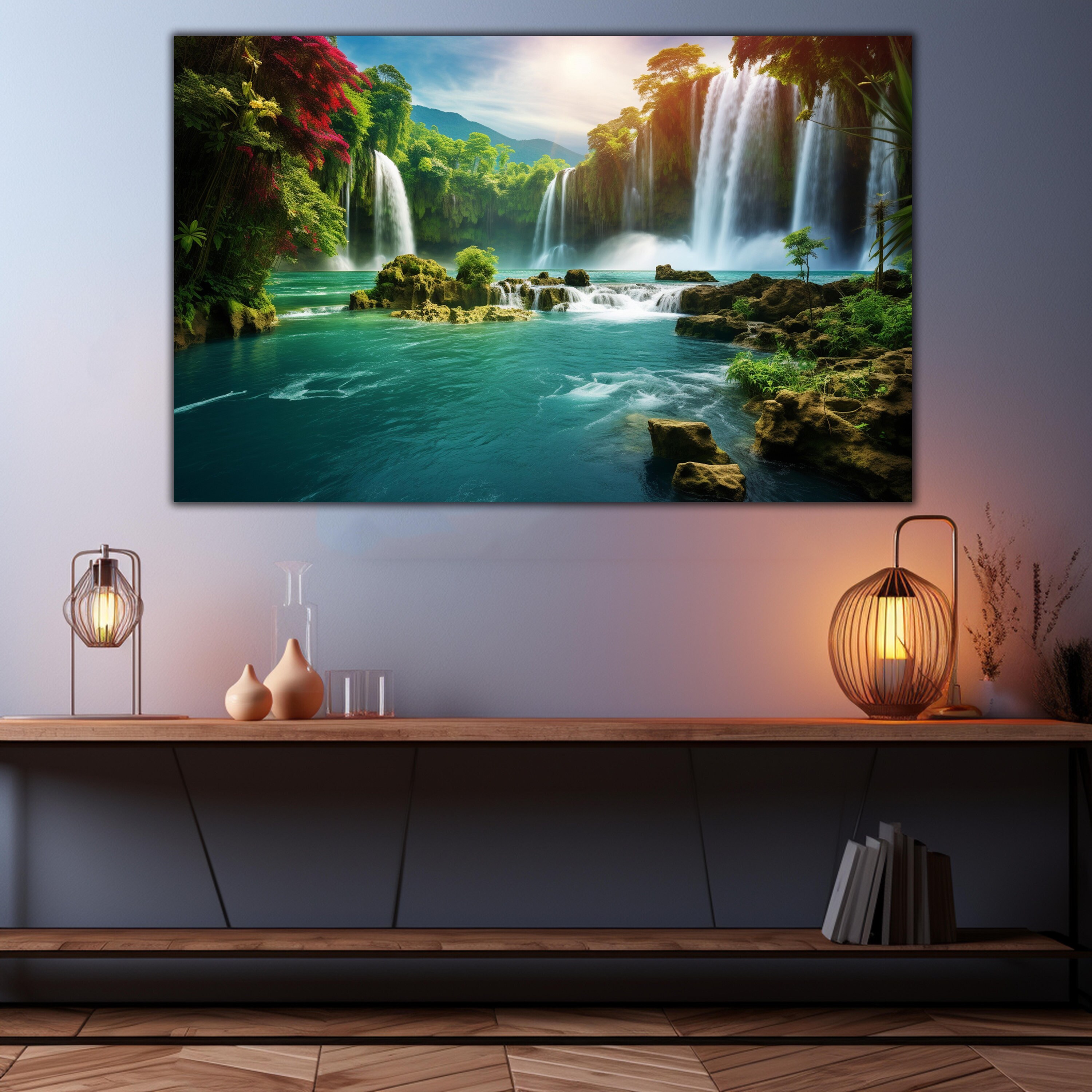 Waterfall Nature Landscape Wall Decor, Tempered Glass, Framed Glass ...