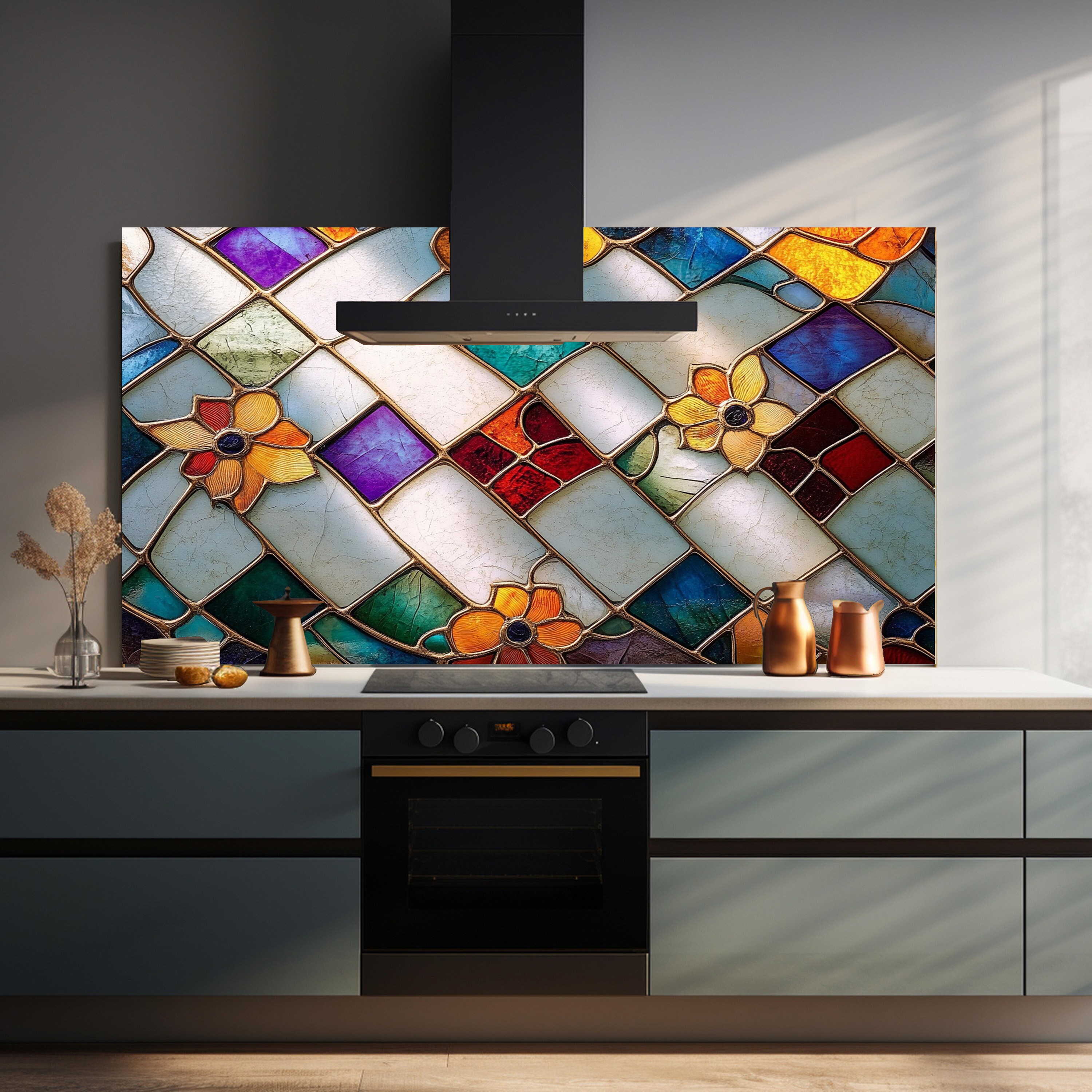 Flower Backsplash for Kitchen, Tempered Glass Backsplash Tiles- Floral ...