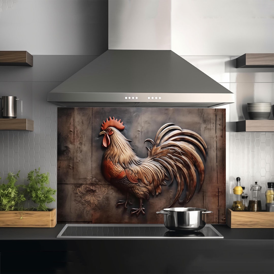 Rustic Rooster Backsplash, Tempered Glass Kitchen Backsplash Behind ...