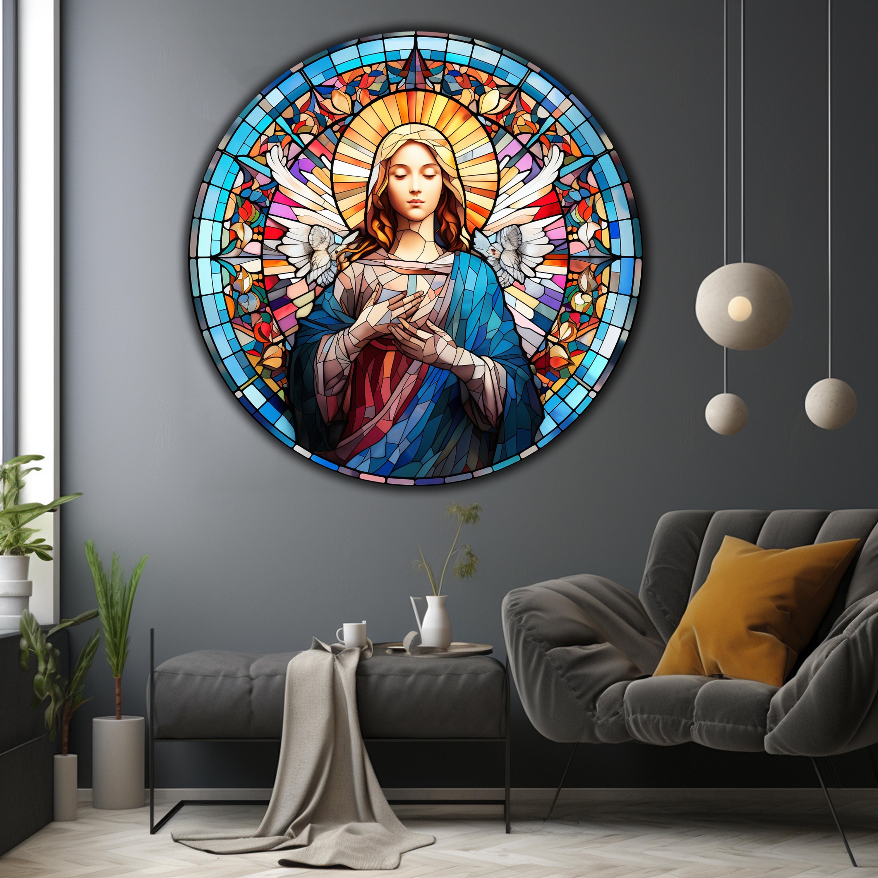 Virgin Mary Tempered Glass Wall Art, Virgin Mary Round Tempered Glass ...