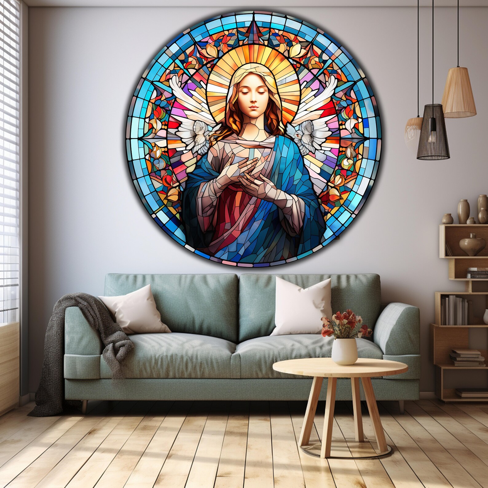 Virgin Mary Tempered Glass Wall Art, Virgin Mary Round Tempered Glass ...