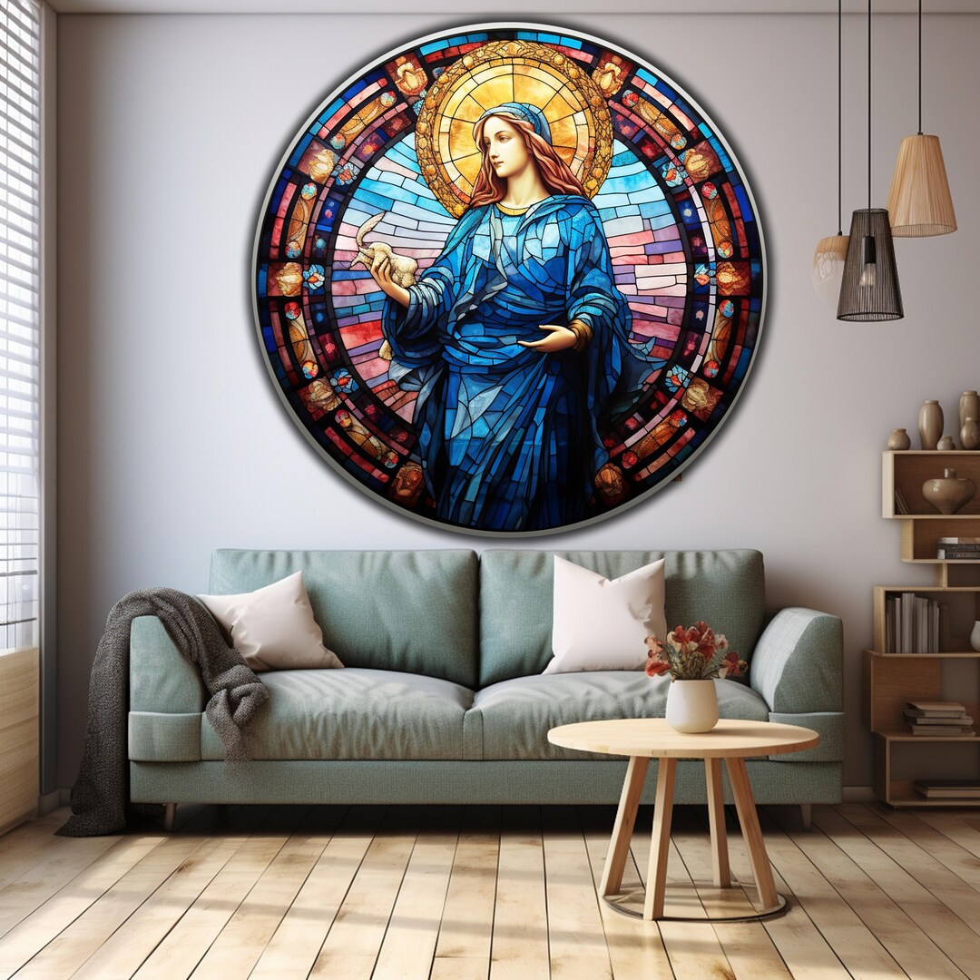 Virgin Mary Tempered Glass Wall Art, Virgin Mary Round Tempered Glass ...