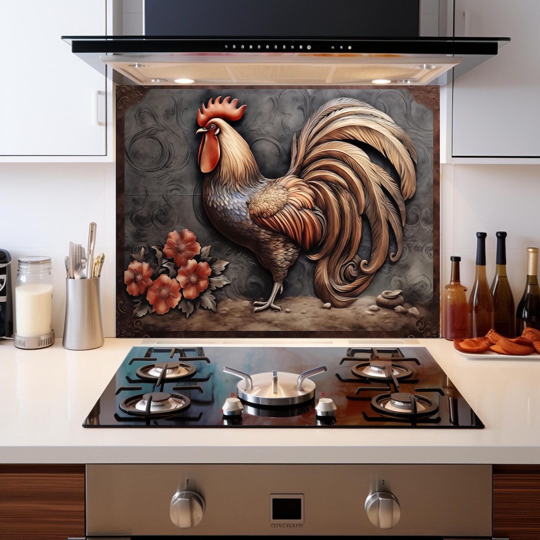 Rustic Rooster Backsplash, Tempered Glass Kitchen Backsplash Behind ...