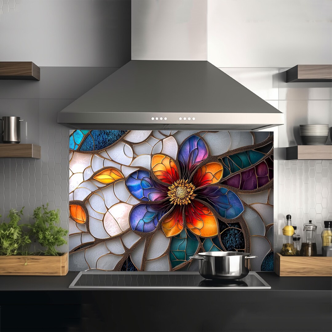 Flower Backsplash for Kitchen, Tempered Glass Backsplash Tiles- Floral ...
