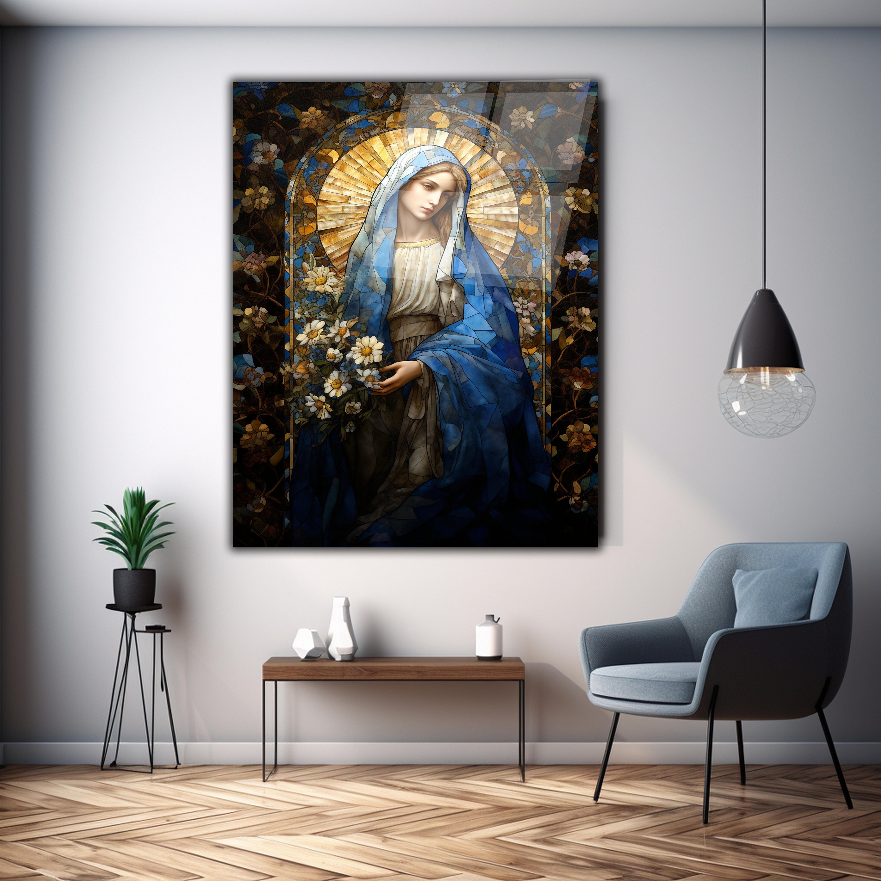 Virgin Mary Tempered Glass Wall Art, Virgin Mary Round Tempered Glass ...