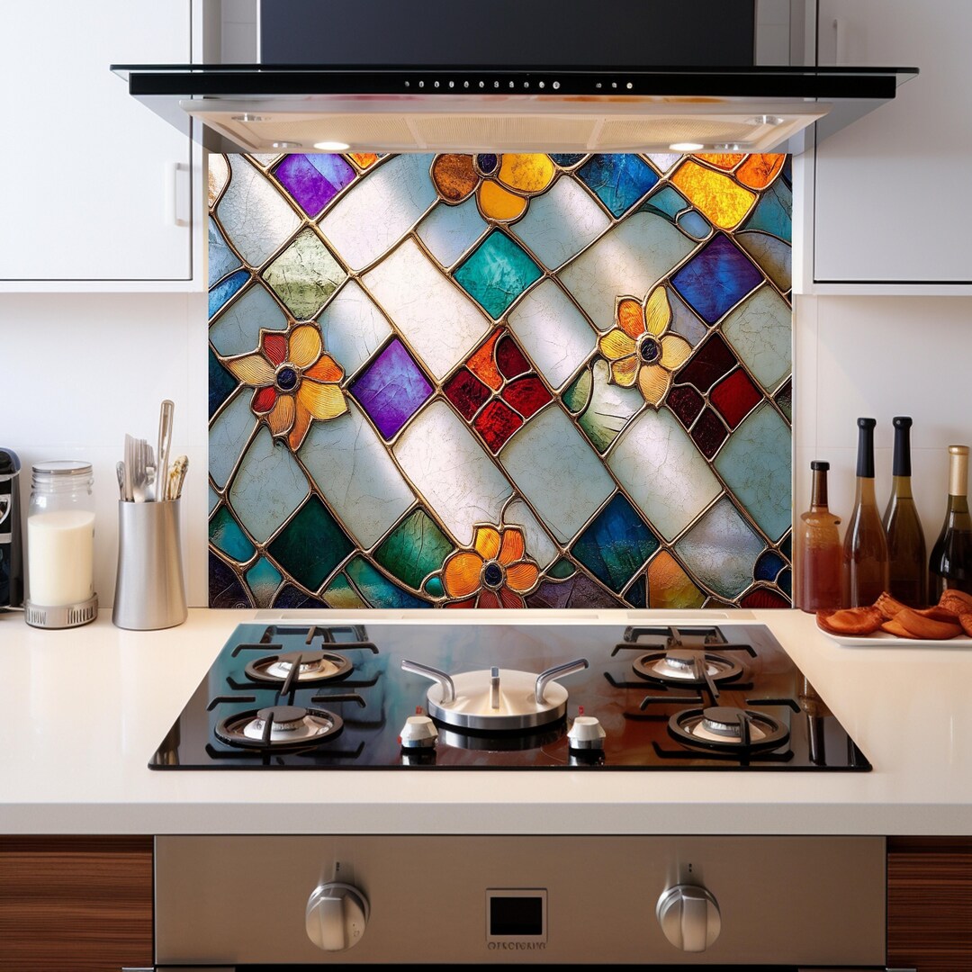 Flower Backsplash for Kitchen, Tempered Glass Backsplash Tiles- Floral ...