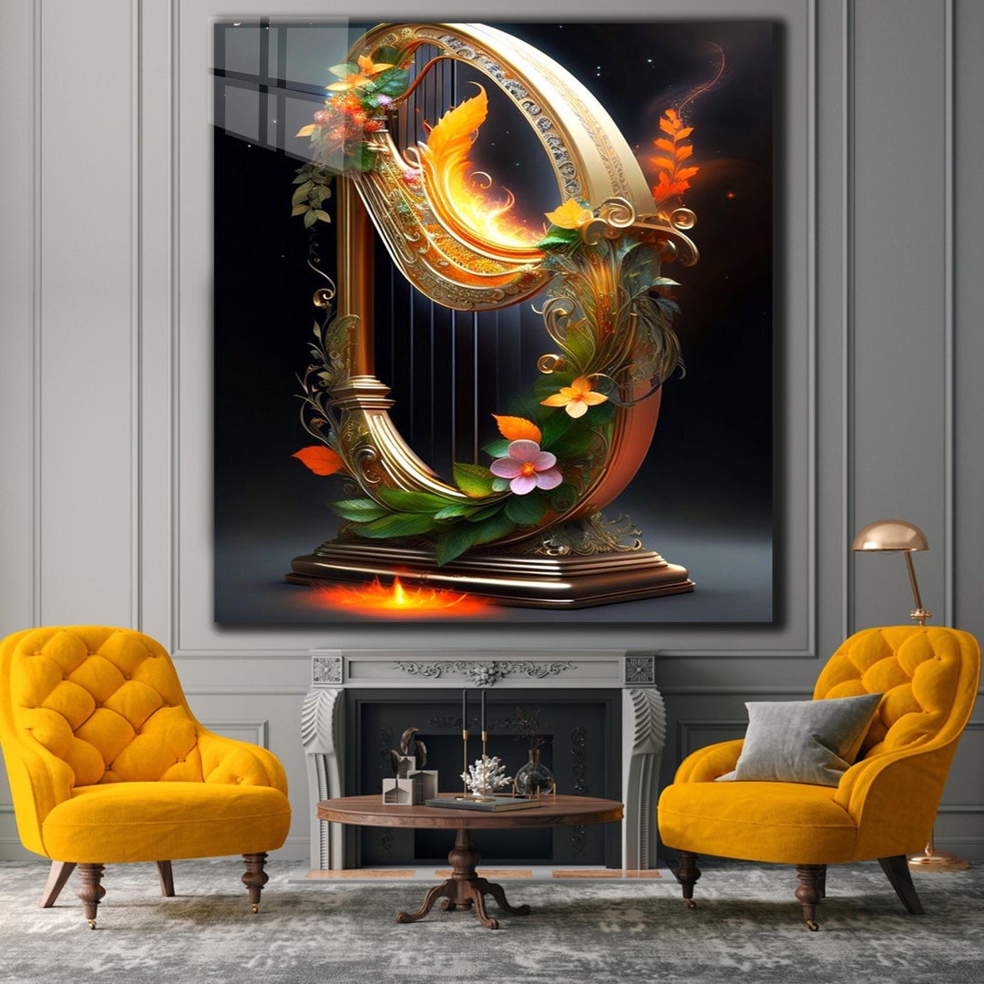 Musical Instruments Harp Tempered Glass Large Wall Art Decor - Etsy