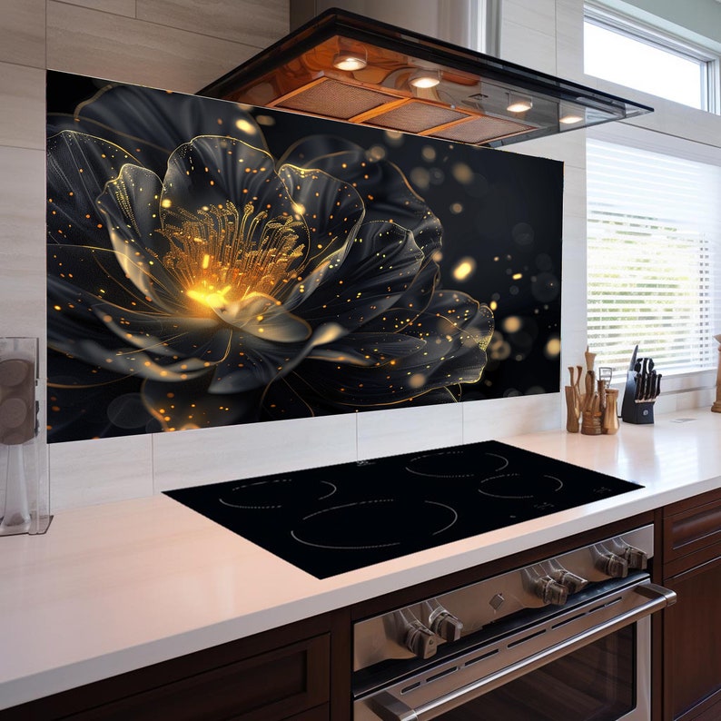 Tempered Glass Backsplash Tile-black Flower Backsplash Tiles-stove ...