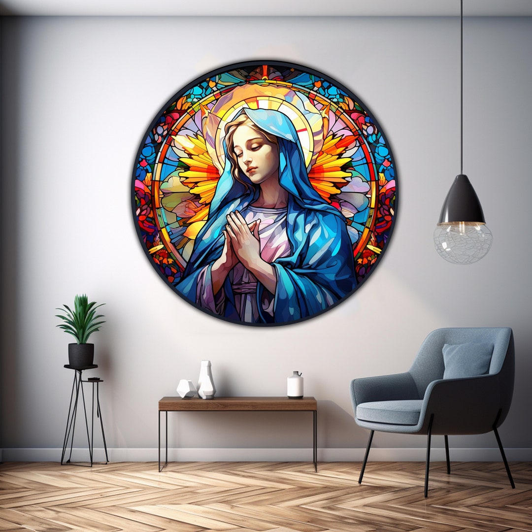 Virgin Mary Tempered Glass Wall Art, Virgin Mary Round Tempered Glass ...