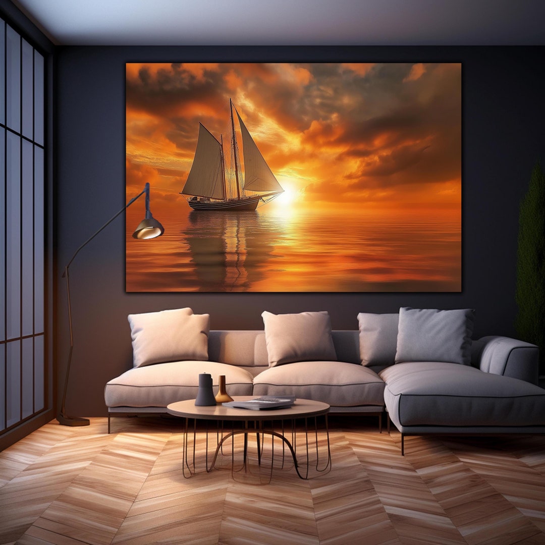 Arte de parede do pôr do sol, arte de parede de navio à vela, arte de ...