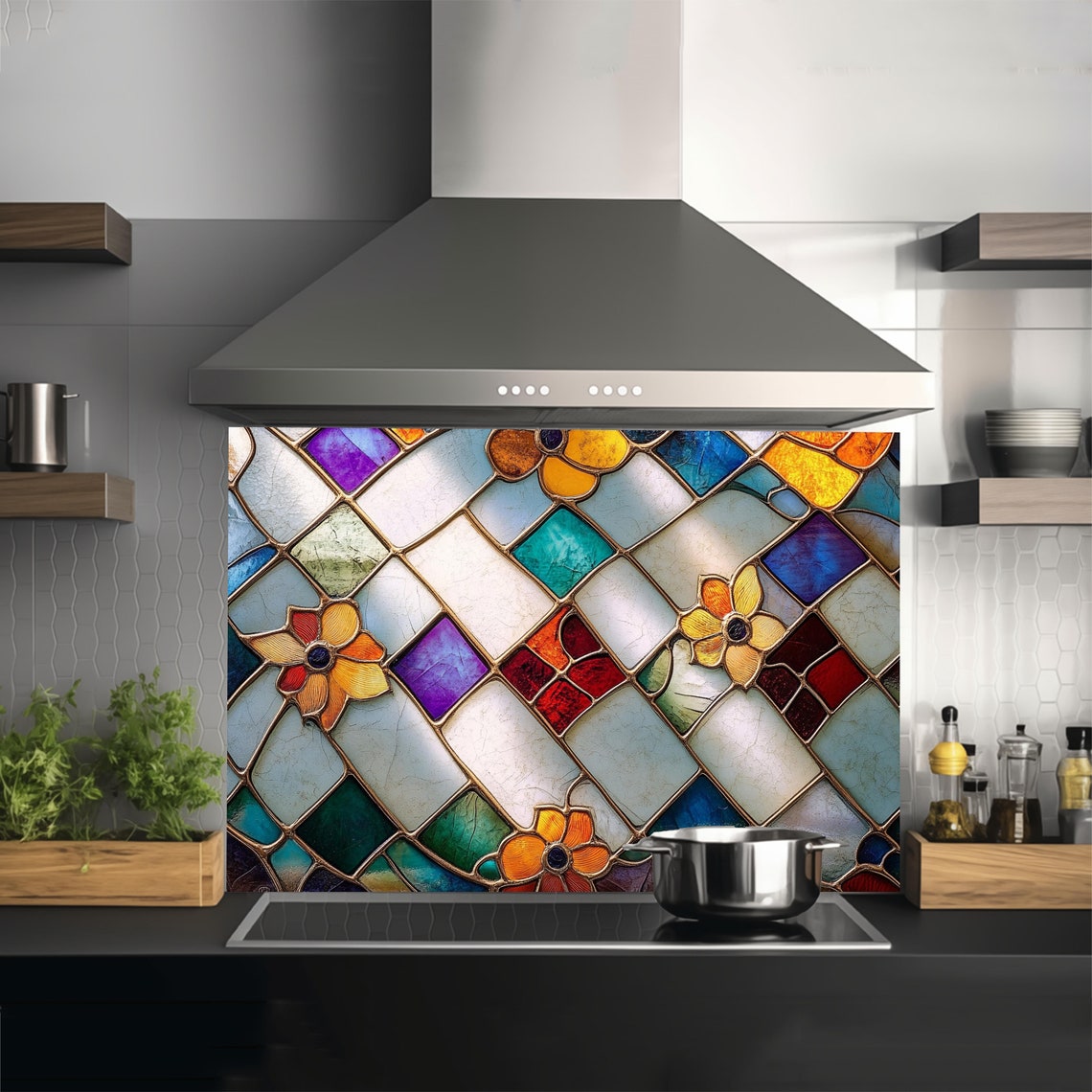 Flower Backsplash for Kitchen, Tempered Glass Backsplash Tiles- Floral ...