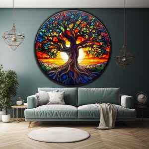 Stained Tree of Life Tempered Glass Round Painting Art Work | Stained ...