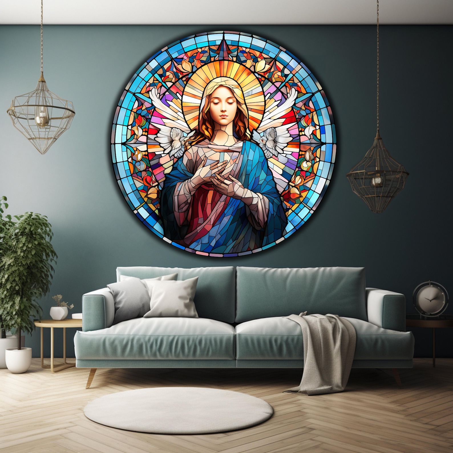 Virgin Mary Tempered Glass Wall Art, Virgin Mary Round Tempered Glass ...