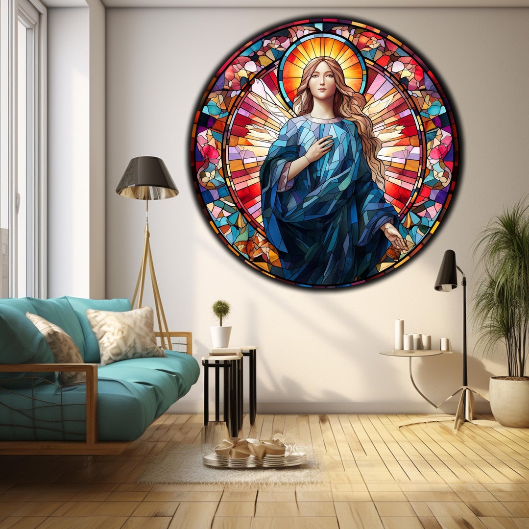 Virgin Mary Stained Tempered Glass Wall Art, Virgin Mary Round Tempered ...