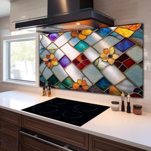 Flower Backsplash for Kitchen, Tempered Glass Backsplash Tiles- Floral ...