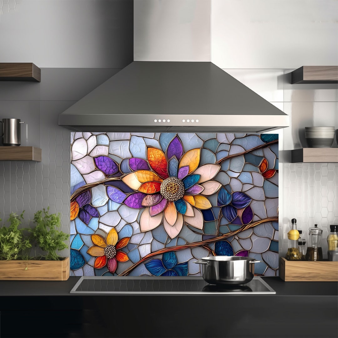 Flower Backsplash for Kitchen, Tempered Glass Backsplash Tiles- Floral ...