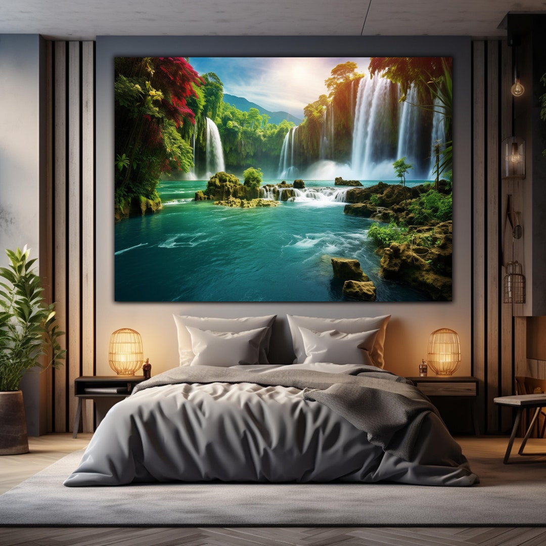 Waterfall Nature Landscape Wall Decor, Tempered Glass, Framed Glass ...