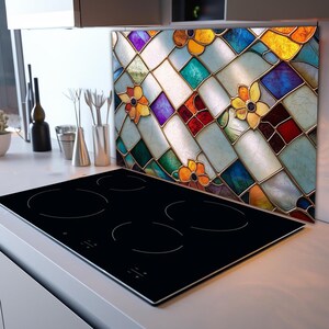 Flower Backsplash for Kitchen, Tempered Glass Backsplash Tiles- Floral ...
