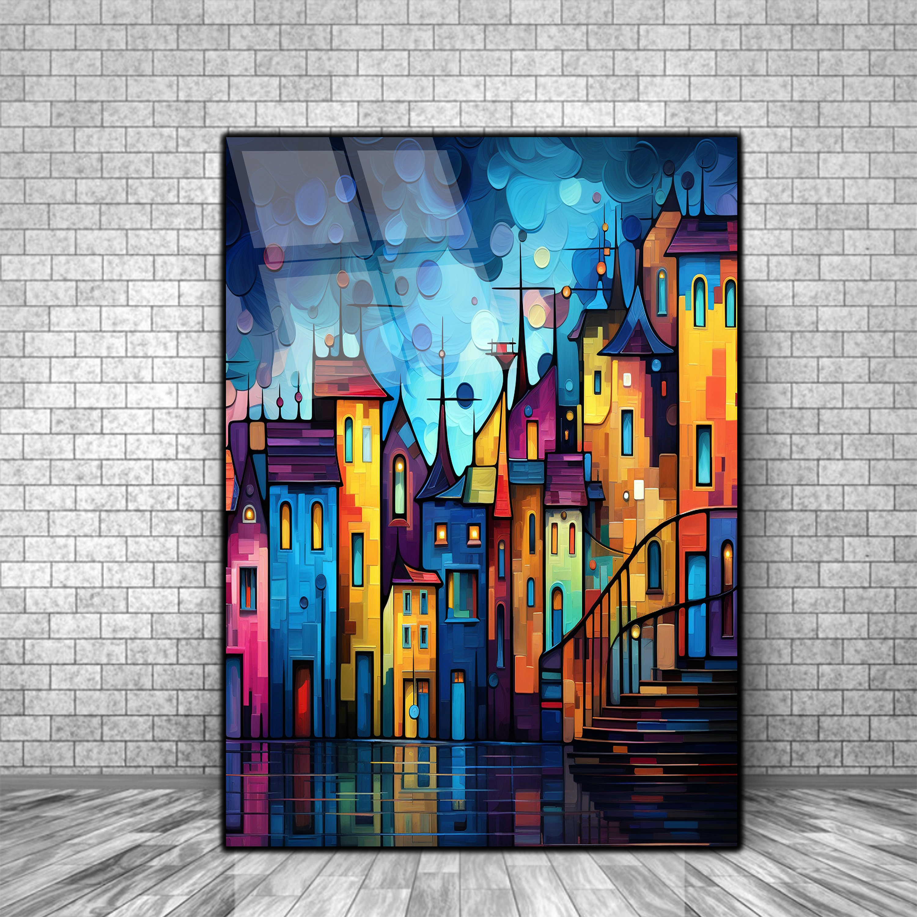 Abstarct Stained Town Tempered Glass Wall Art Abstract Town Wall Art ...