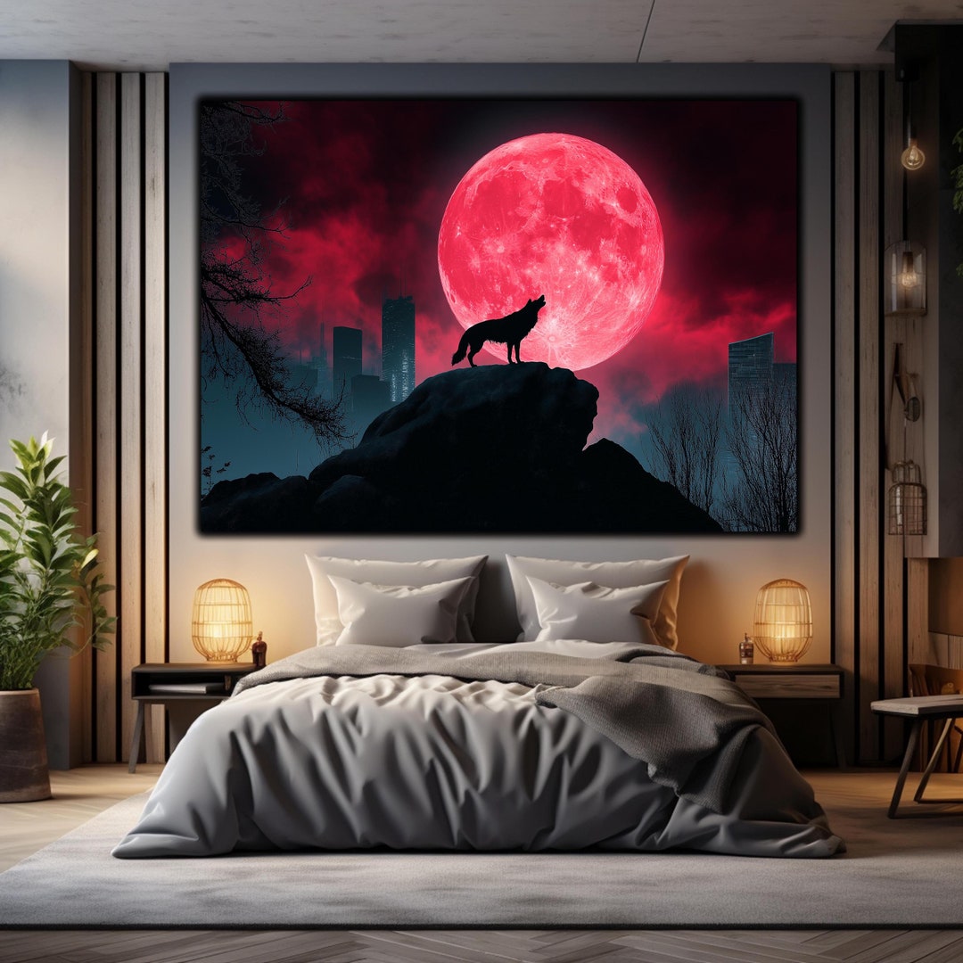 Howling Wolf Glass Art, Red Moon Glass Decor, Glass Printing Wall Art ...