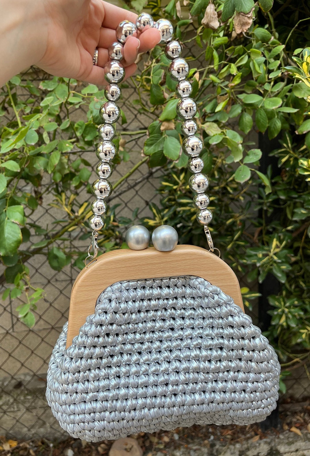 Metallic Tshirt Yarn Handmade Bag, Leather, Silver, Raffia Bag, Evening ...
