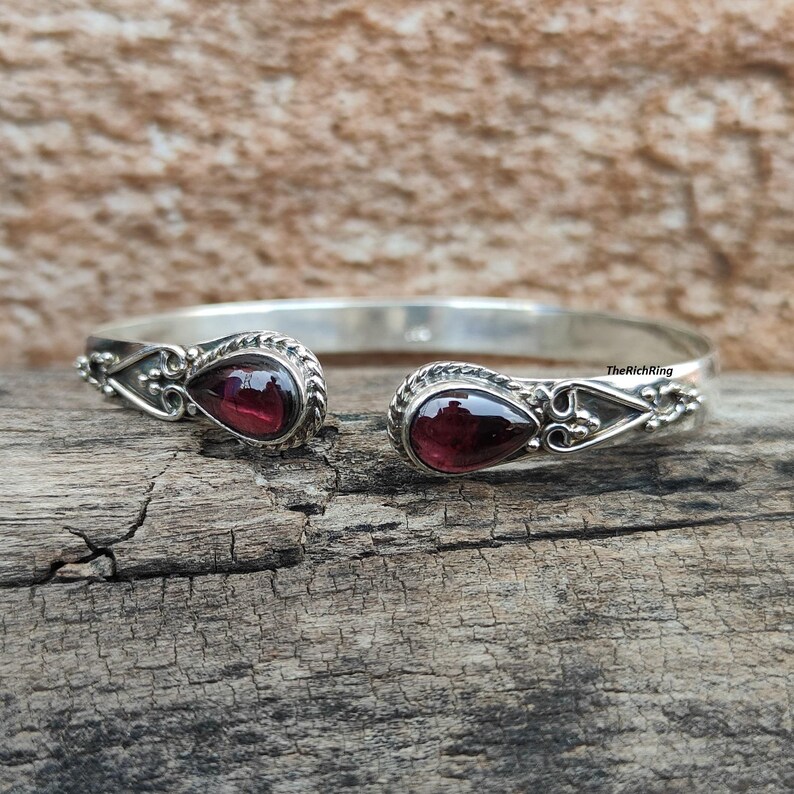 Two Pear Garnet Gemstone Silver Bracelet ,silver Adjustable Bangle ...