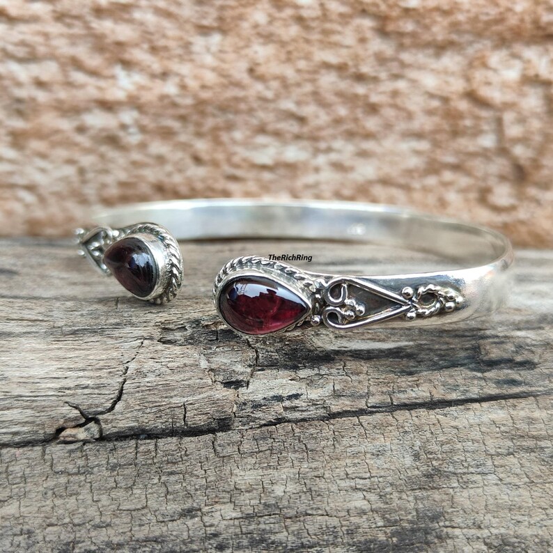 Two Pear Garnet Gemstone Silver Bracelet ,silver Adjustable Bangle ...