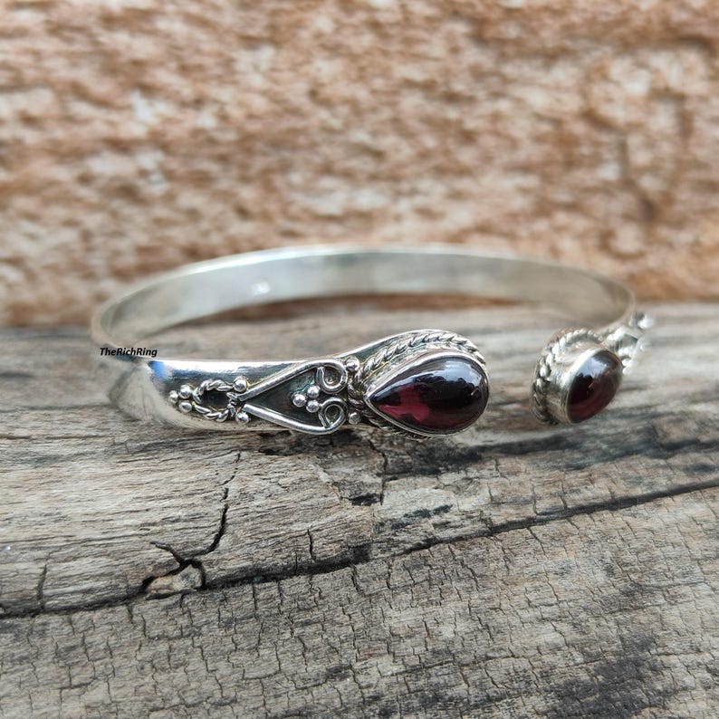 Two Pear Garnet Gemstone Silver Bracelet ,silver Adjustable Bangle ...