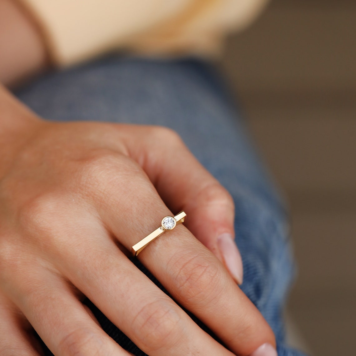 14K Geometric Gold Ring, Round Cut Gold Ring, Minimalist and Stylish ...