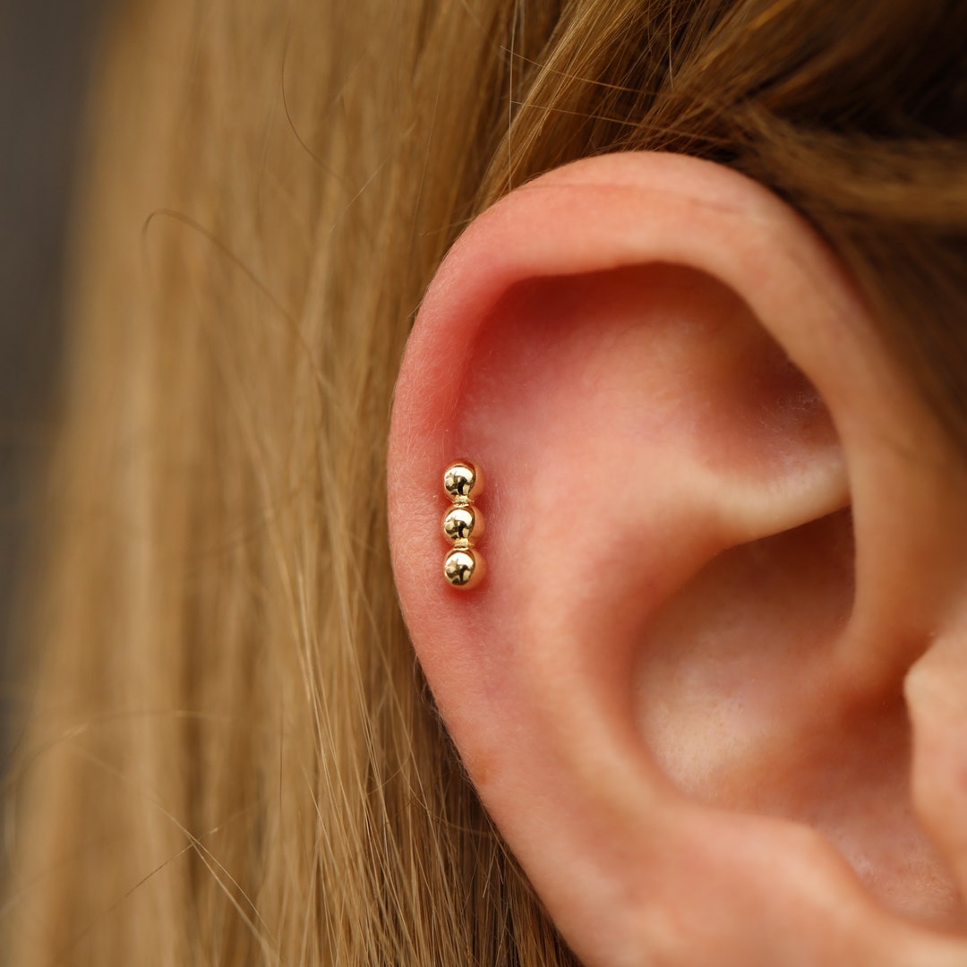 14K Solid Gold Triple Ball Piercing, Minimalist Tragus Piercing, Gold ...