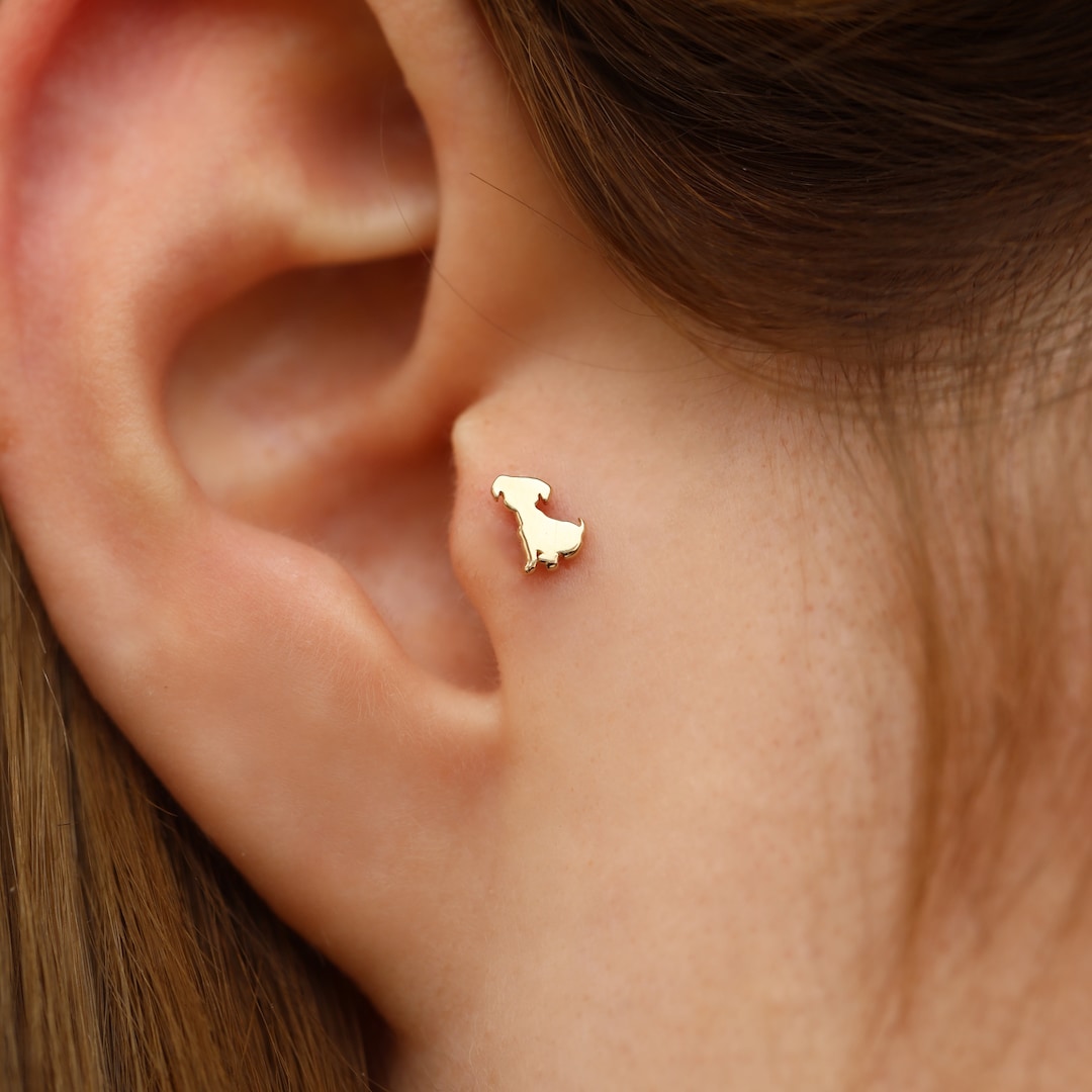 14K Solid Gold Puppy Piercing - Real Gold Cute Dog Earring - Animal ...