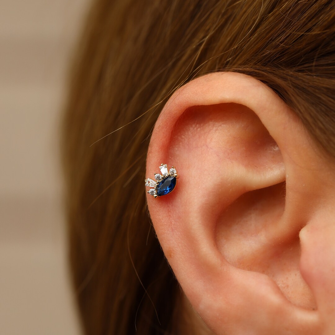 14K Solid Gold Zircon Evil Eye Piercing - Real Gold Studs for Women ...