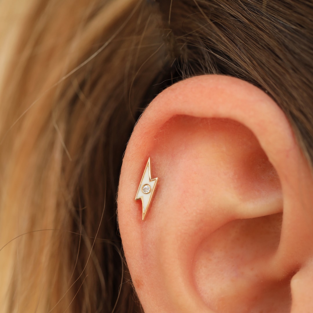 14K Gold Lightning Bolt Piercing - Real Gold Lightning Bolt Earring ...