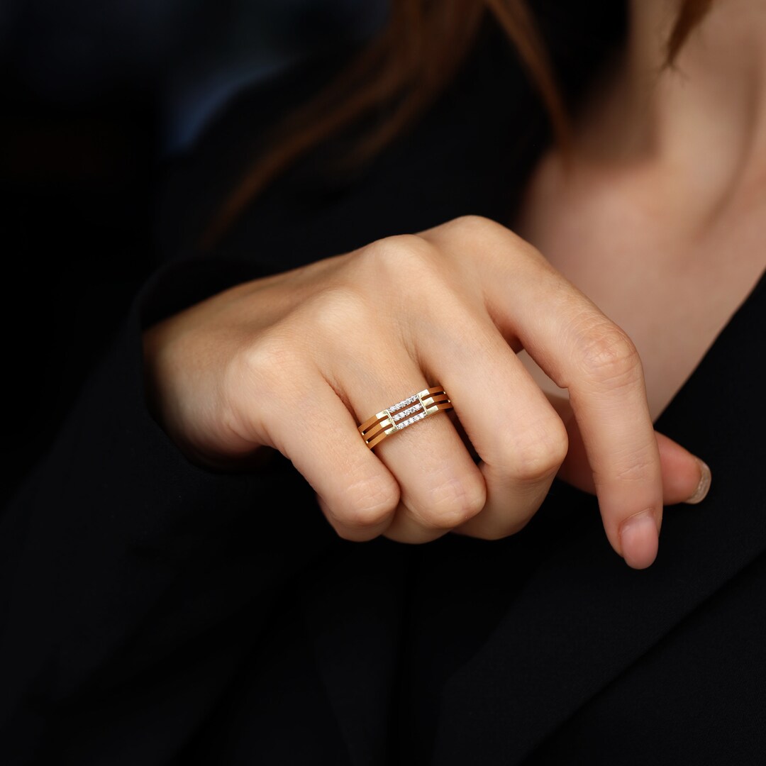 14K Solid Gold Parallel Line Ring - Real Gold Geometric Zircon Ring ...