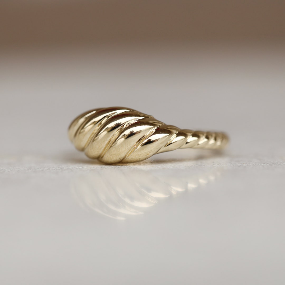 14K Solid Gold Croissant Ring - Real Gold Twisted Dome Ring - Gold ...