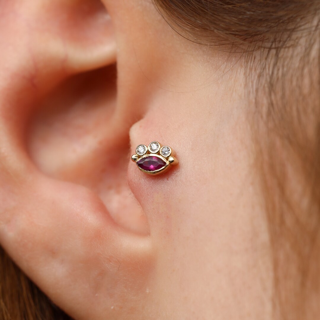 14K Solid Gold Evil Eye Piercing - Real Gold Purple Stone Earrings ...