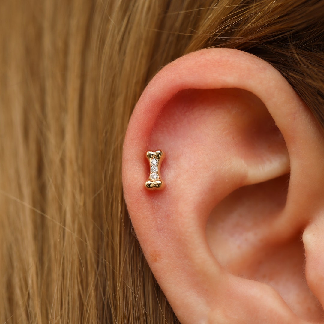 14K Solid Gold Bone Piercing, Minimalist Tragus Piercing, Gold Stud ...