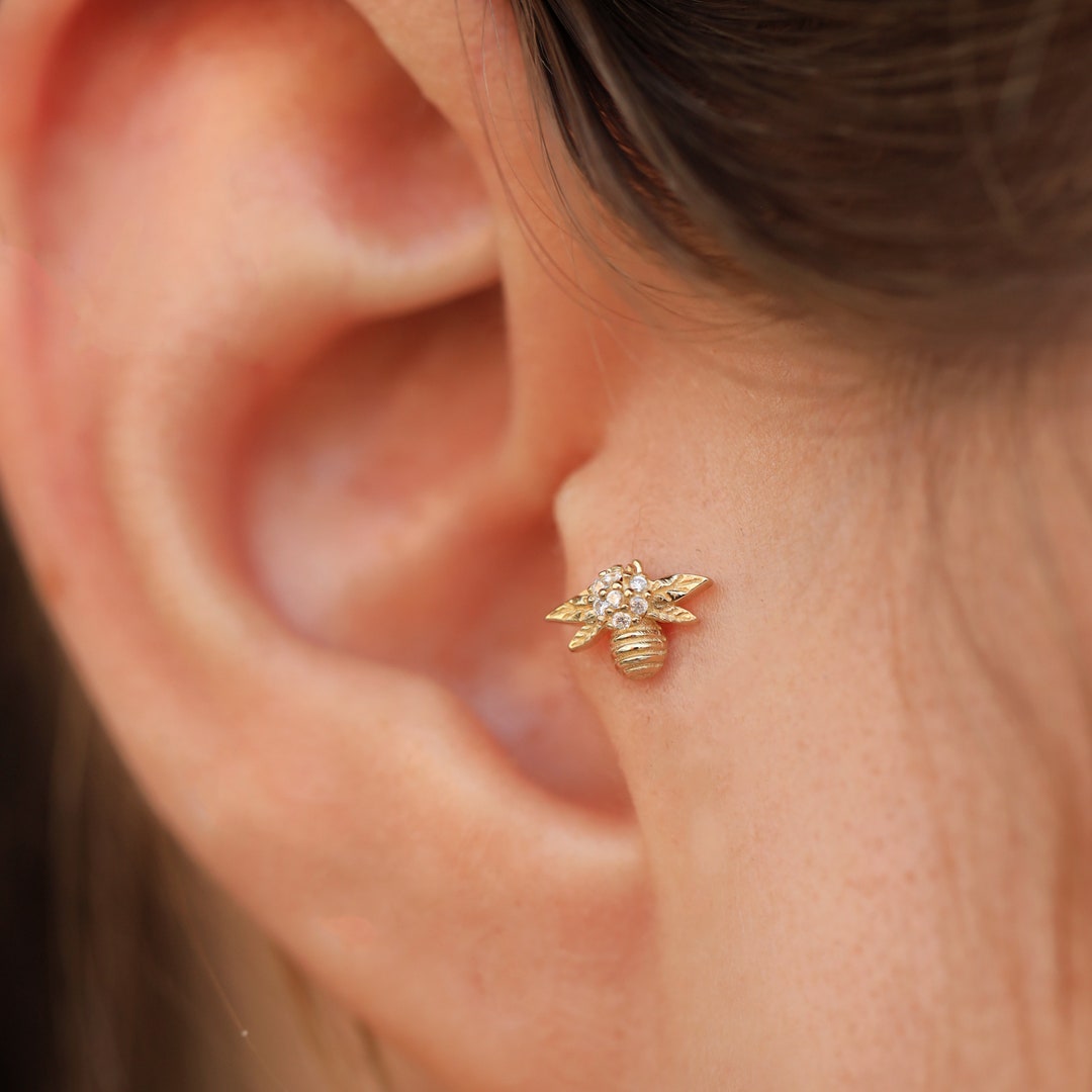 14K Solid Gold Tiny Bee Earring - Real Gold Bee Piercing - Minimalist ...