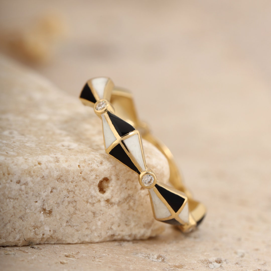 14K Solid Gold Checkered Enamel Ring - Black and White Enamel Ring - Real Gold Zircon Ring ...