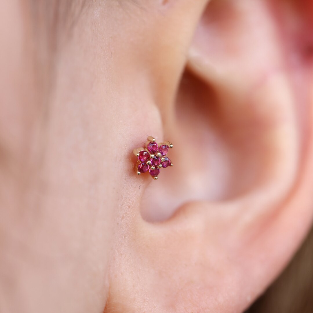 14K Solid Gold Pink Flower Tragus Piercing - Pink Zircon Flower Stud ...