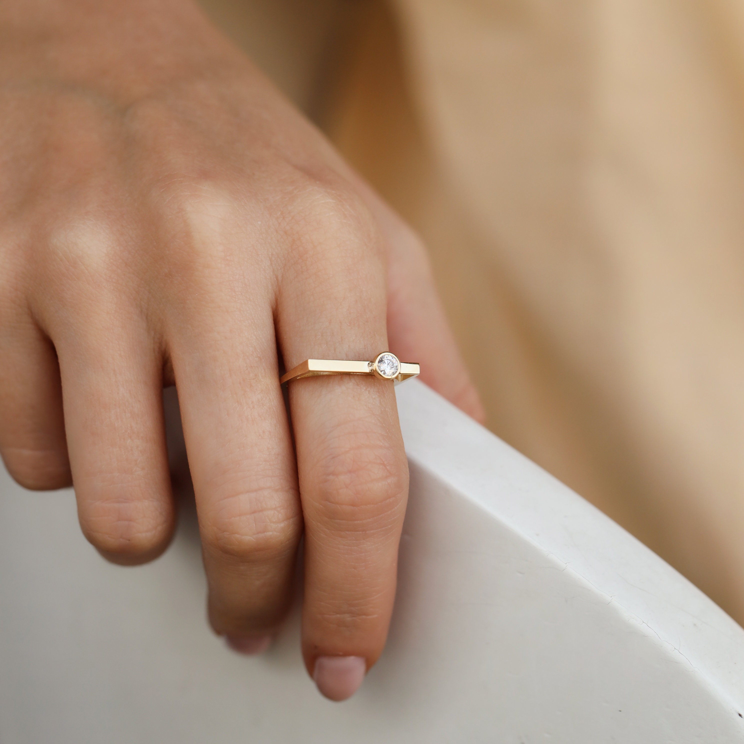 14K Geometric Gold Ring, Round Cut Gold Ring, Minimalist and Stylish ...