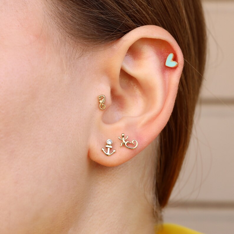 14K Solid Gold Anchor Piercing - Real Gold Zircon Anchor Earring ...