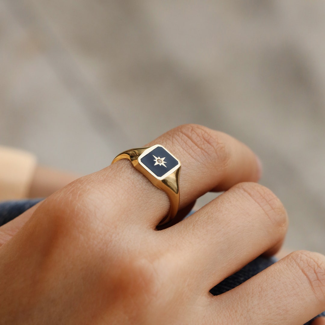 14K Solid Gold North Star Ring - Dainty Signet Ring - Real Gold Tiny ...