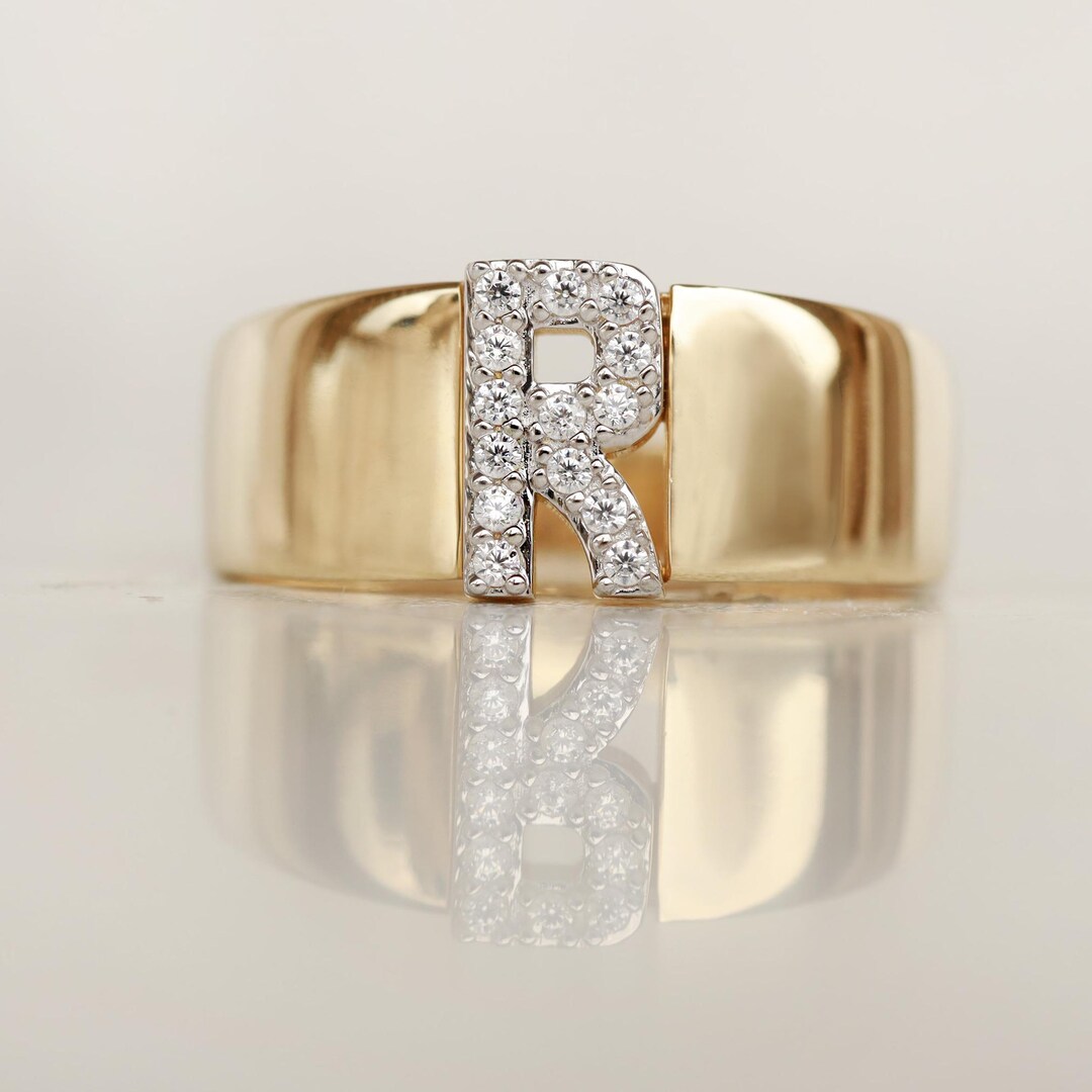 14K Solid Gold Zircon Letter Ring - Personalized Initial Letter Ring ...